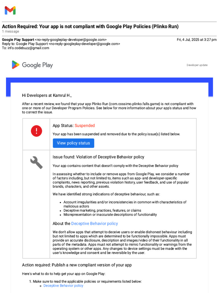 Gmail - Action Required - Your App Is Not Compliant With Google Play ...