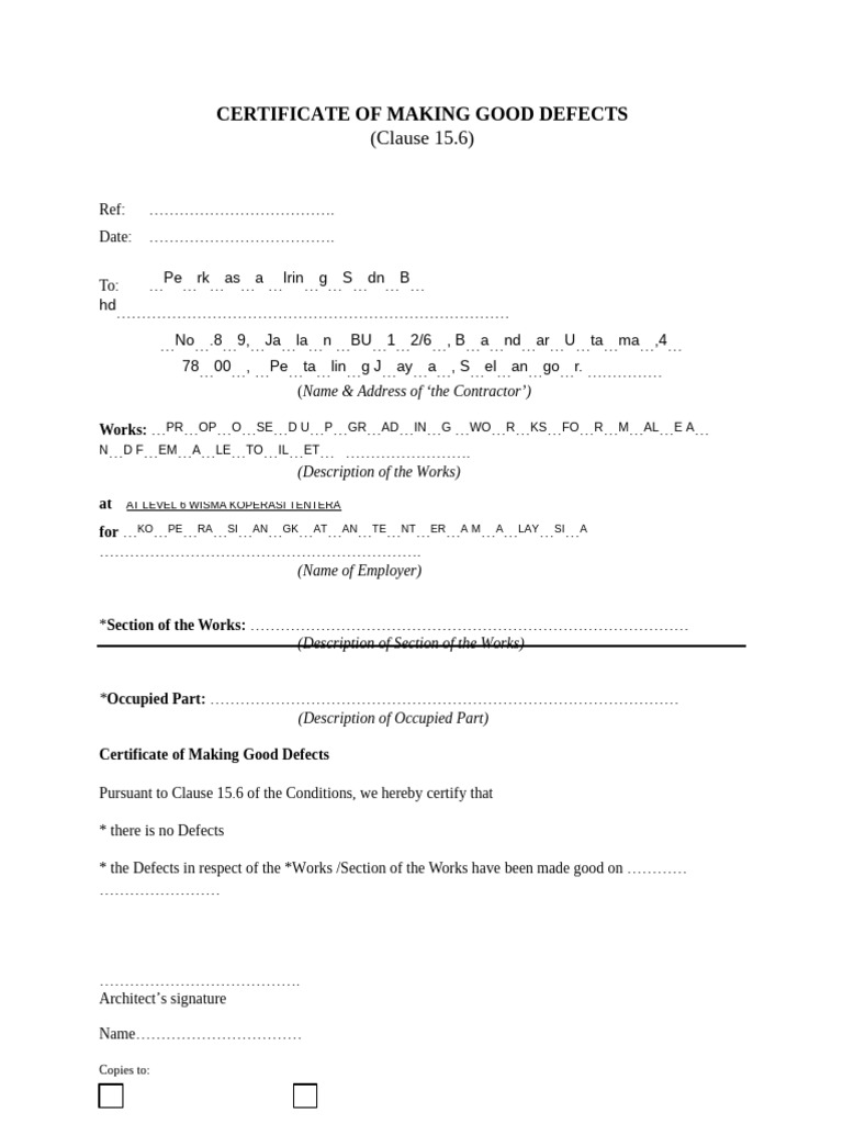 Certificate of Making Good Defects | PDF