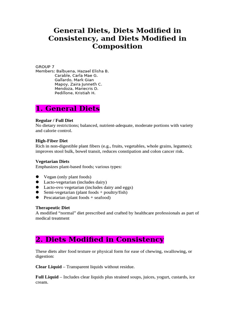 Modified Diets: Consistency & Composition | PDF | Foods | Low ...
