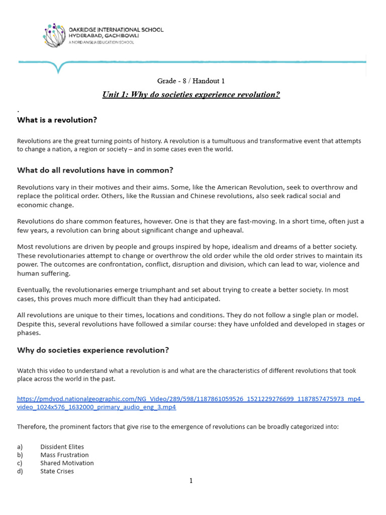 Grade 8 Unit 1 Handout 1 | PDF | Revolutions | Cultural Revolution