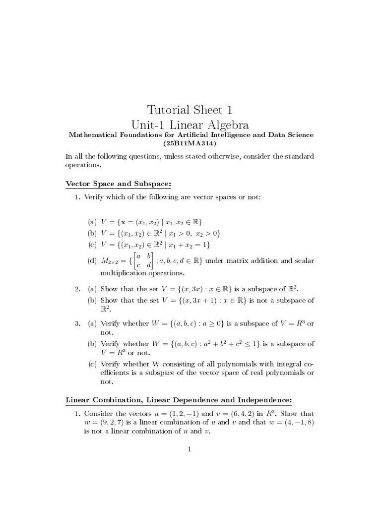 Tutorial Sheet 1 MFAIDS | PDF | Linear Subspace | Linear Map