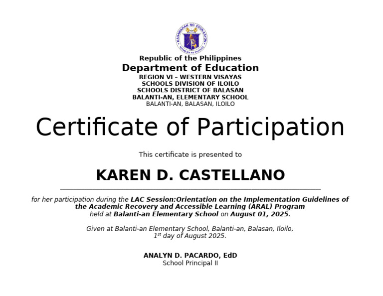 ARAL Program Participation Certificate | PDF