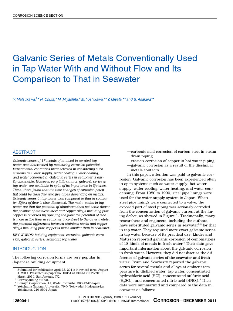 Galvanic Series of Metals in Tap Water | PDF | Corrosion | Chemical ...