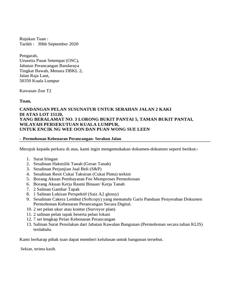 DBKL-permohonan Susunatur D.O | PDF