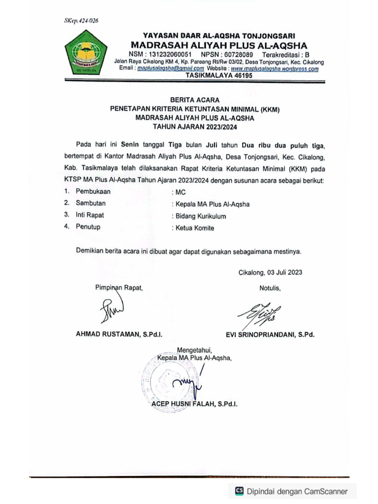 l08 SK Penetapan Kriteria Ketuntasan Minimal TSP Ma Plus Al Aqsha Dokumen 1 | PDF