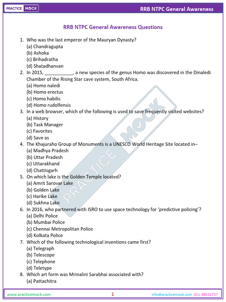RRB NTPC General Awareness Q&A | PDF | Homo