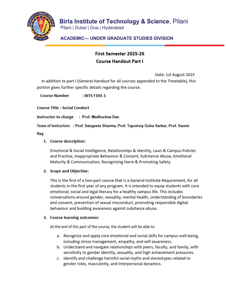Course Handout SocialConduct | PDF | Gender | Gender Studies