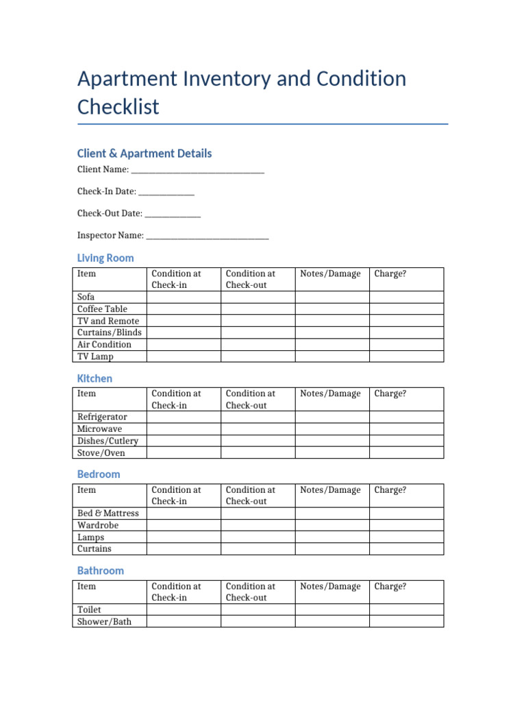 Apartment Inventory Checklist Template | PDF