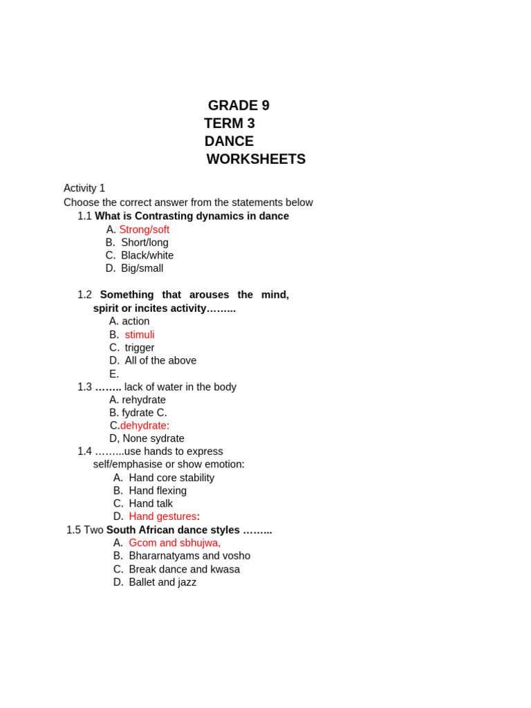 Grade 9 Dance Worksheets: Term 3 | PDF | Recreation | Performing Arts