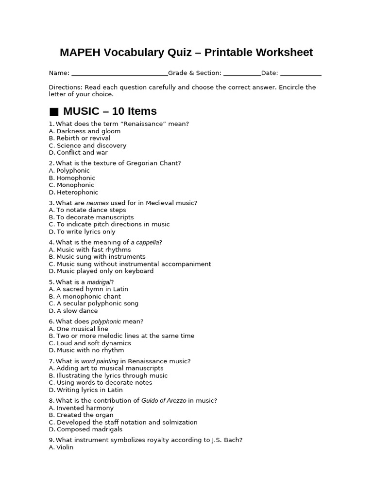 MAPEH Vocabulary Quiz Worksheet | PDF | Gregorian Chant | Musicology