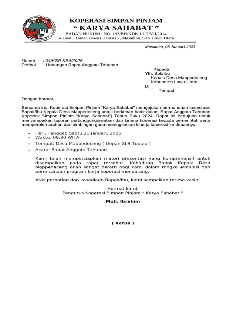 Undangan Rapat Koperasi Karya Sahabat | PDF