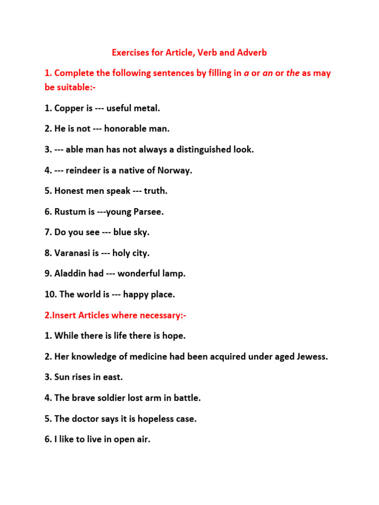 Exercises For Article, Verb and Adverb | PDF | Adverb | Verb