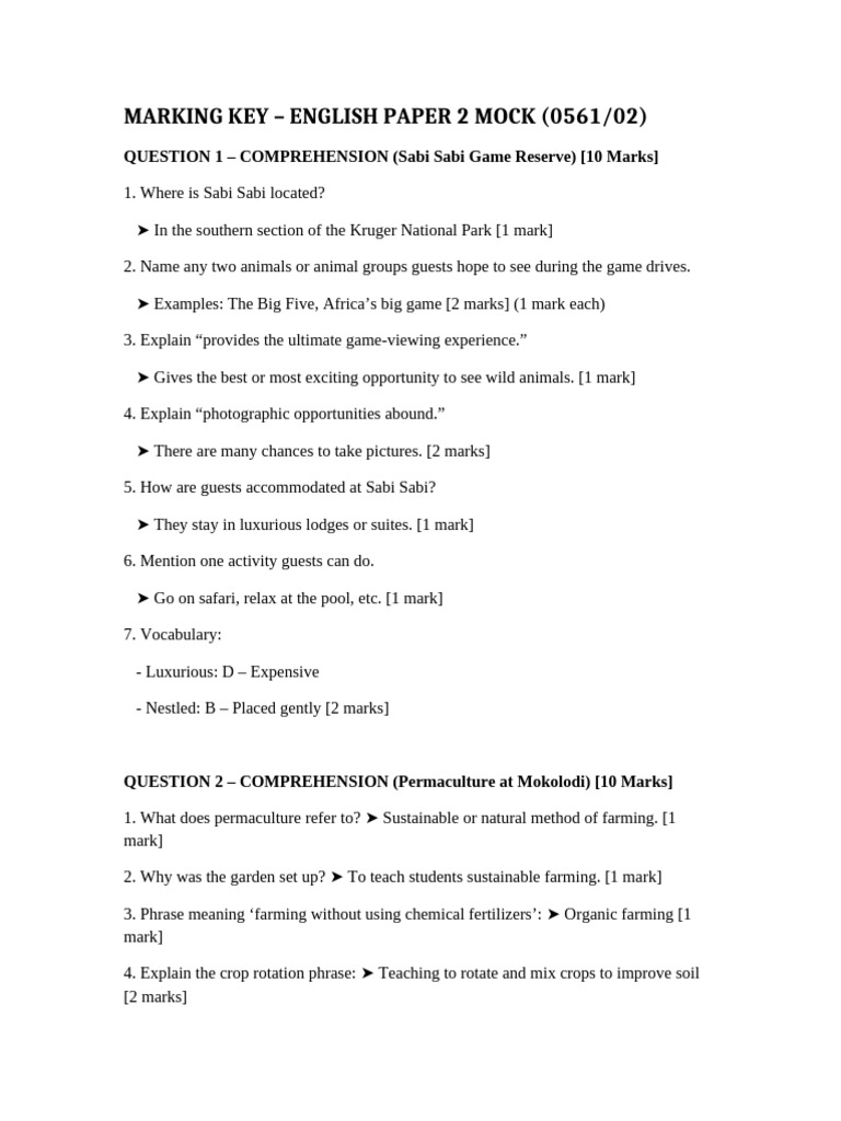 English Paper 2 Mock Marking Key | PDF | Agriculture