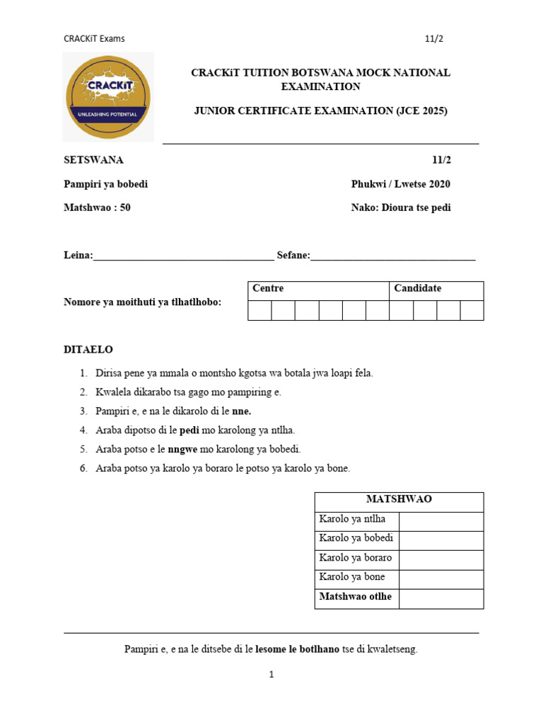 JCE 2025 Setswana Mock Exam Paper | PDF | Languages Of Africa