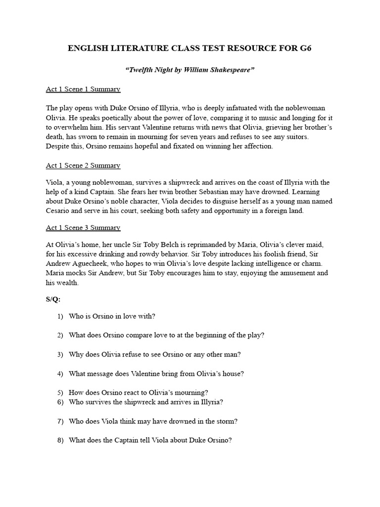 English Literature Class Test Resource For G6 | PDF | Twelfth Night