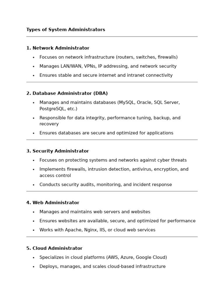 Types of System Administrators | PDF | Cloud Computing | Computer Network