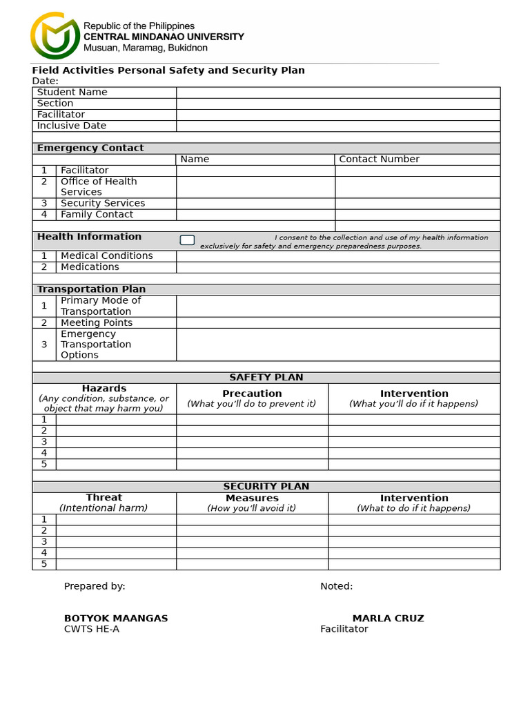 Field Activities Personal Safety and Security Plan | PDF | Safety ...