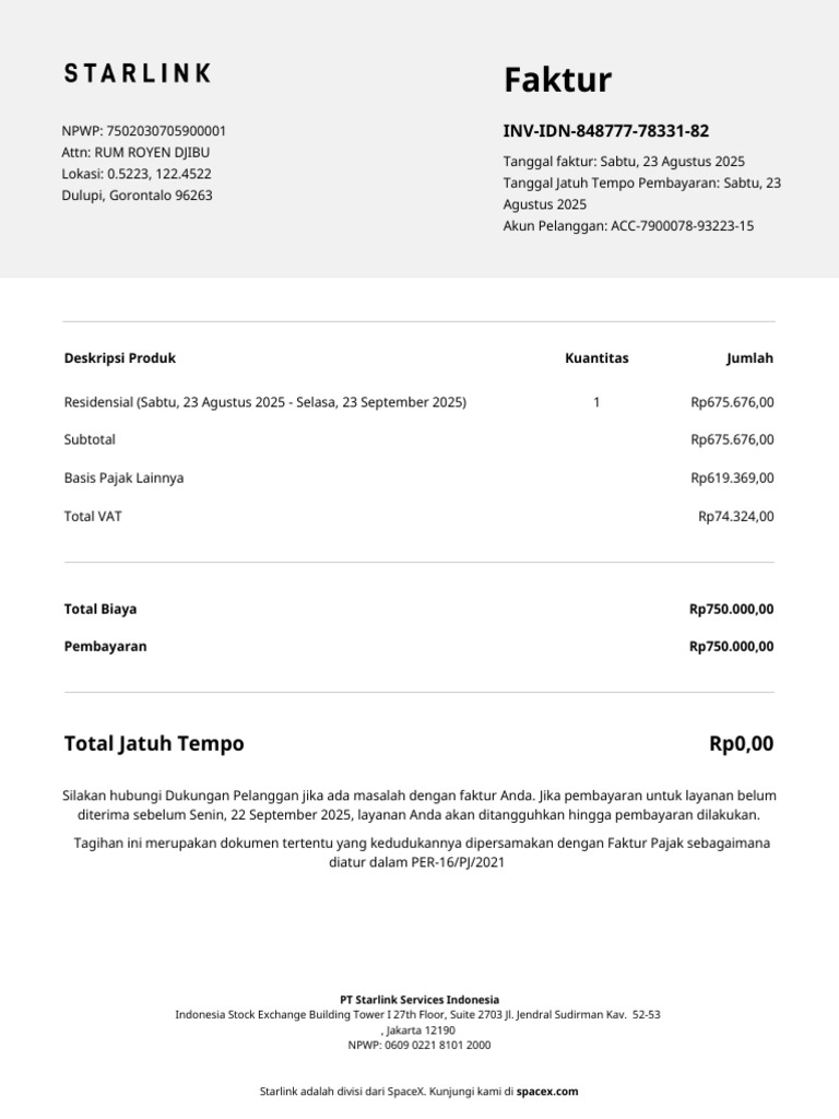 Payment Starlink-23 Agustus 2025 | PDF