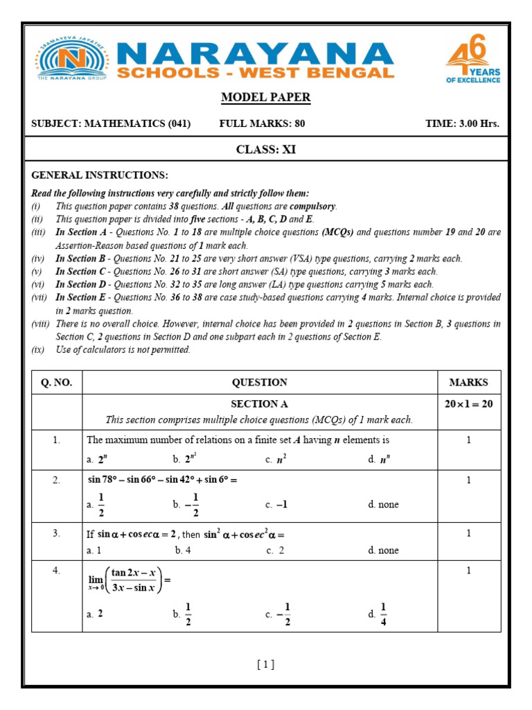 Class XI Mathematics Model Paper | PDF | Fahrenheit | Area