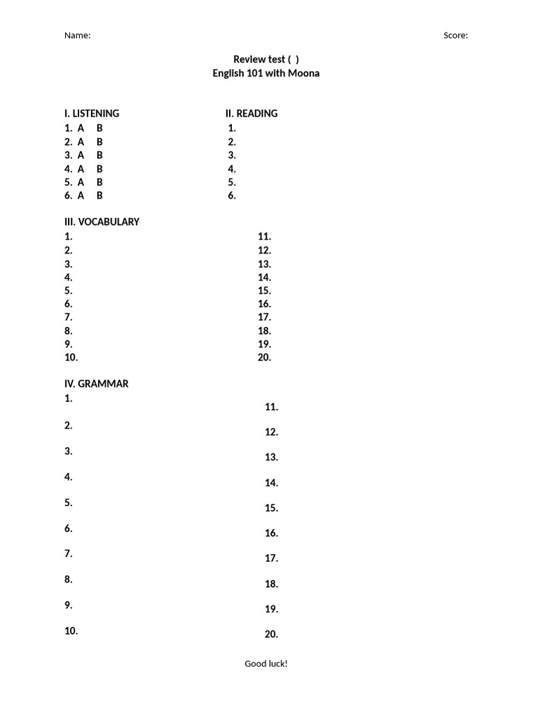 Answersheet English 101 | PDF