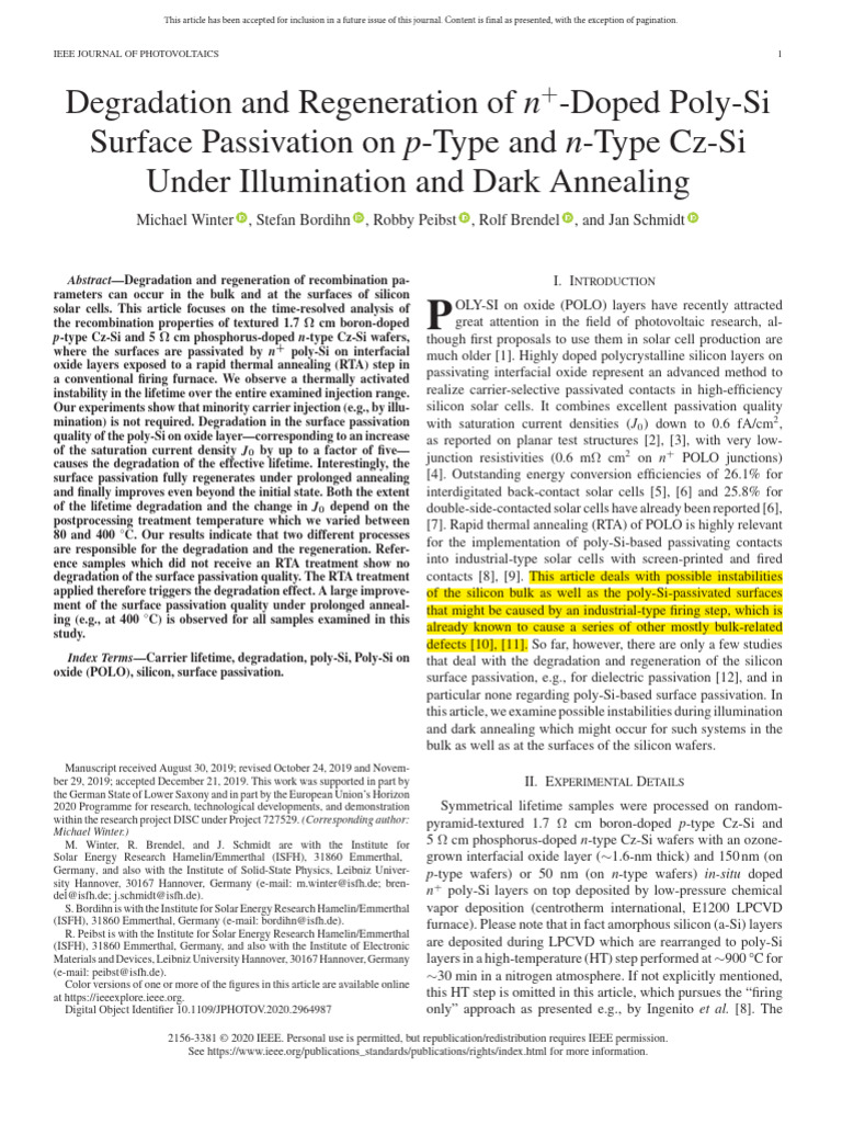 2019 Degradation and Regeneration of n+-Doped Poly-Si Surface ...