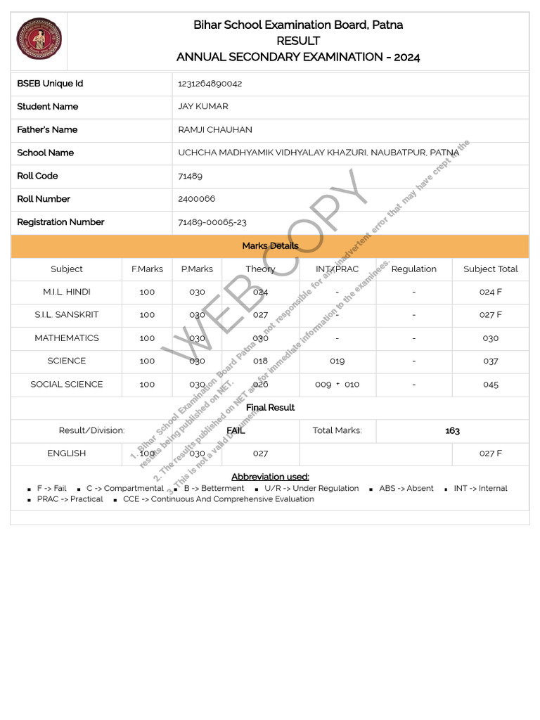 BSEB 2024 Annual Exam Result for Jay Kumar | PDF | Student Assessment ...