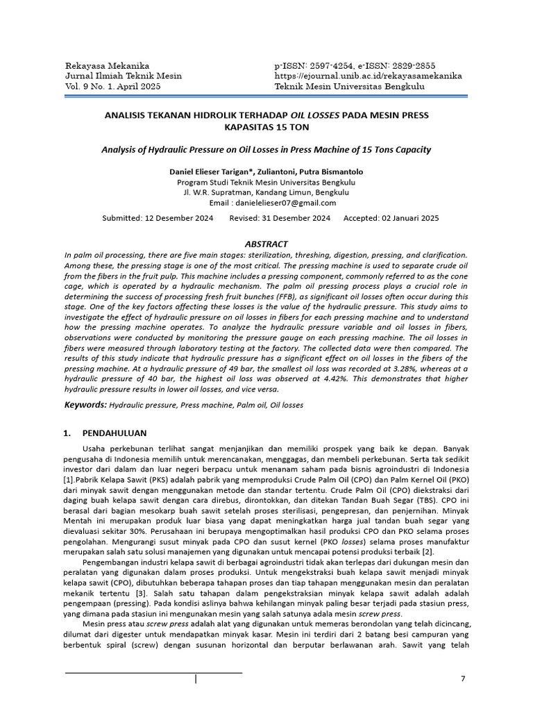 Analisis Tekanan Hidrolik Terhadap Oil Losses Pada | PDF