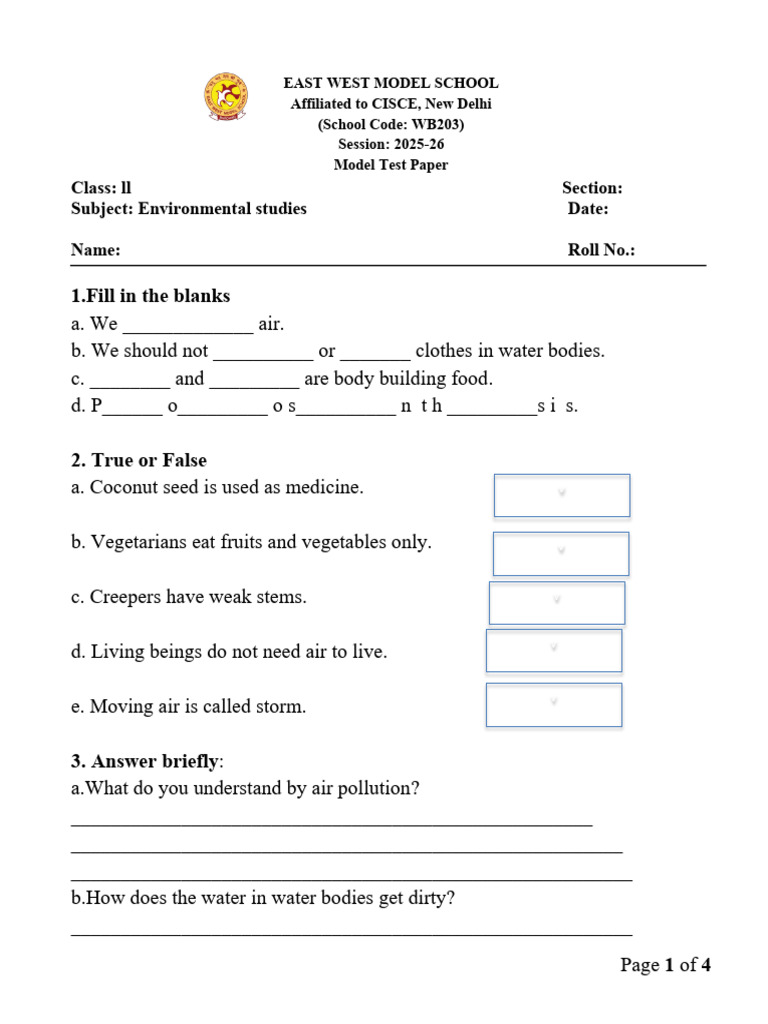 EVS Model Test Paper Class 2 | PDF | Plants | Botany