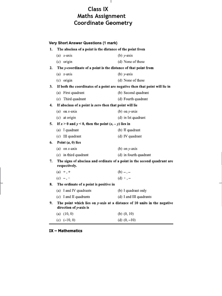 Assignment Maths Class IX Coordinate Geometry | PDF