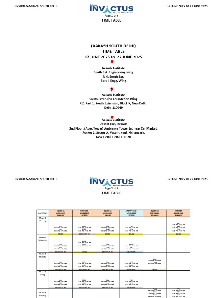 Time Table (17 June - 22 June 2025) Senior Wing | PDF