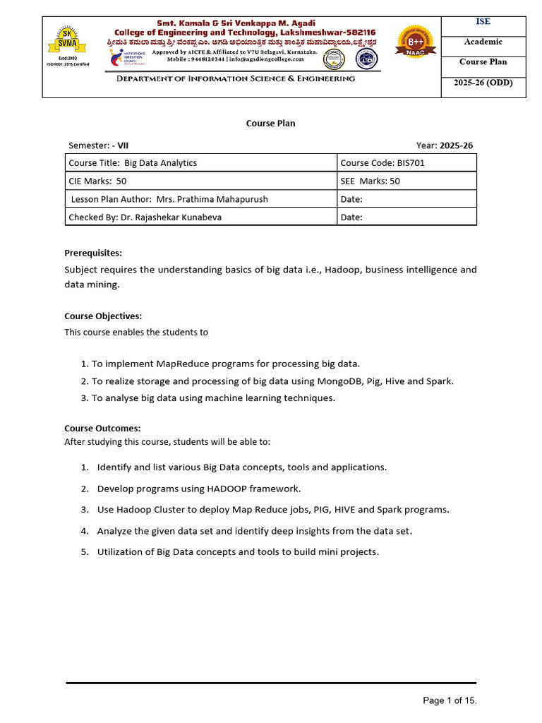 Lesson Plan of BDA - 2025-26 | PDF | Apache Hadoop | Big Data