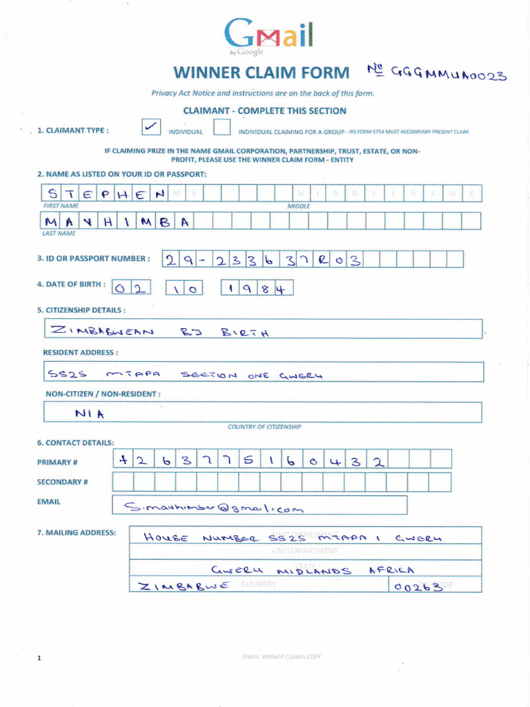 Winner Claim Form Ggmmua0023 - 20250721 - 0001 | PDF