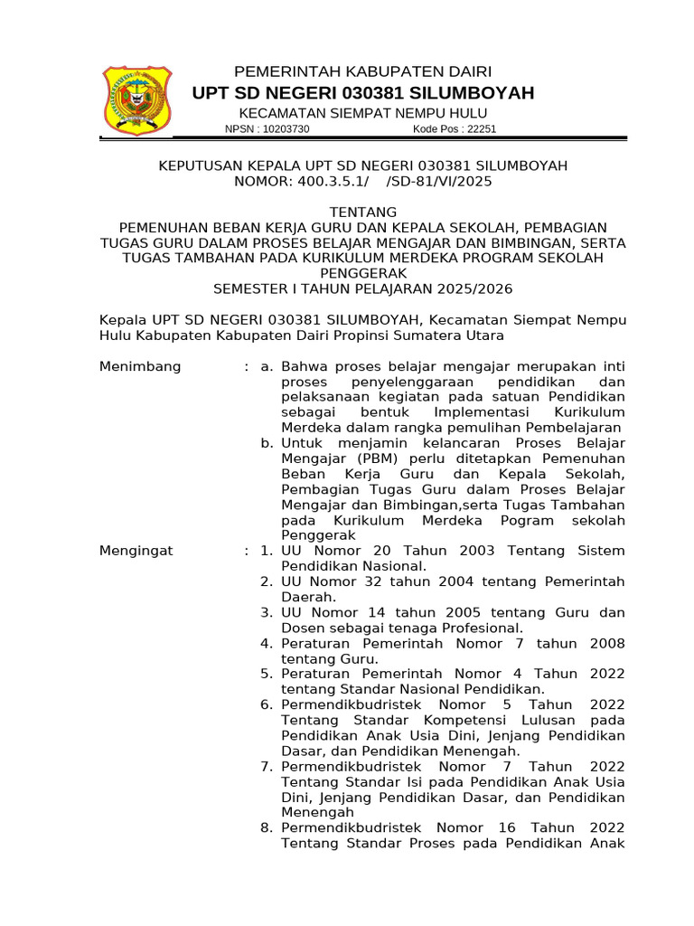 SK Pembagian Tugas 2024-2025 SD 81 Silumboyah | PDF