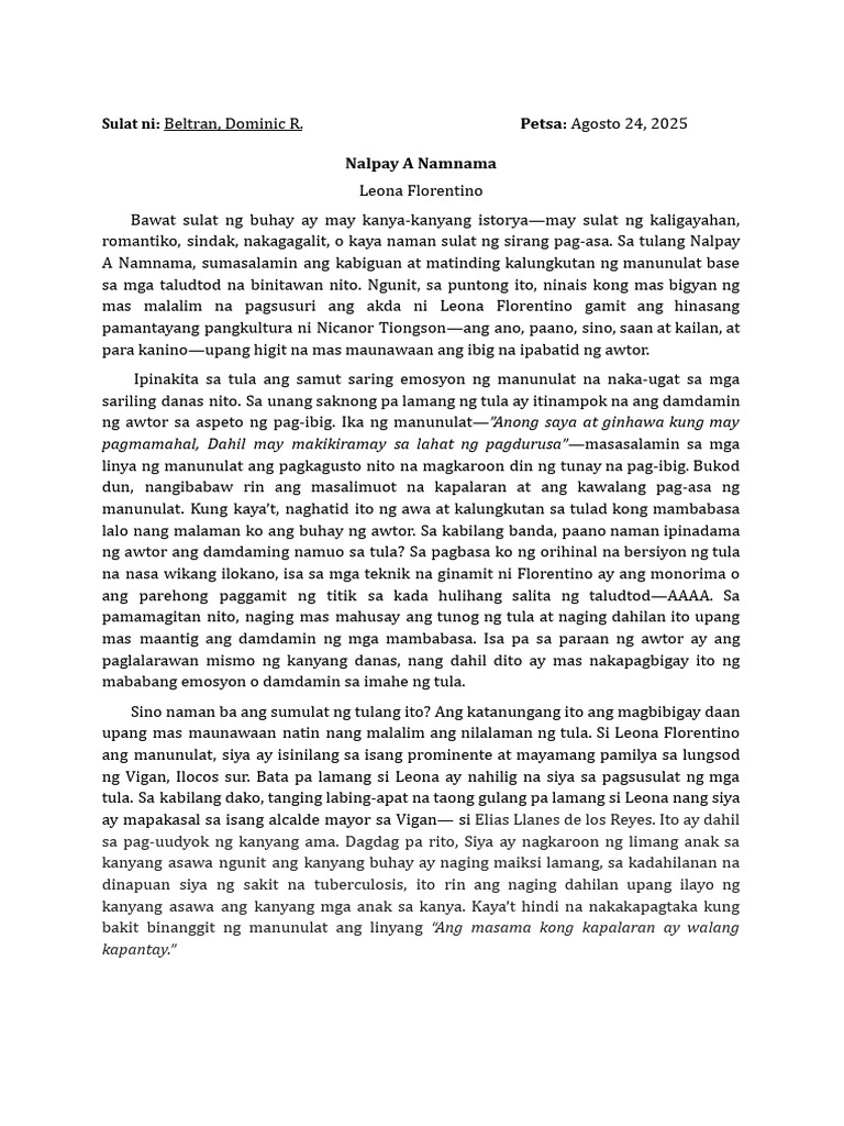 Nalpay A Namnama Ni Leona Florentino | PDF