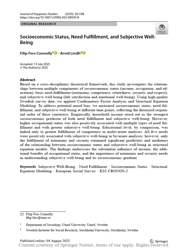 Socioeconomic Status Need Fulfillment and Subjecti | PDF | Well Being ...