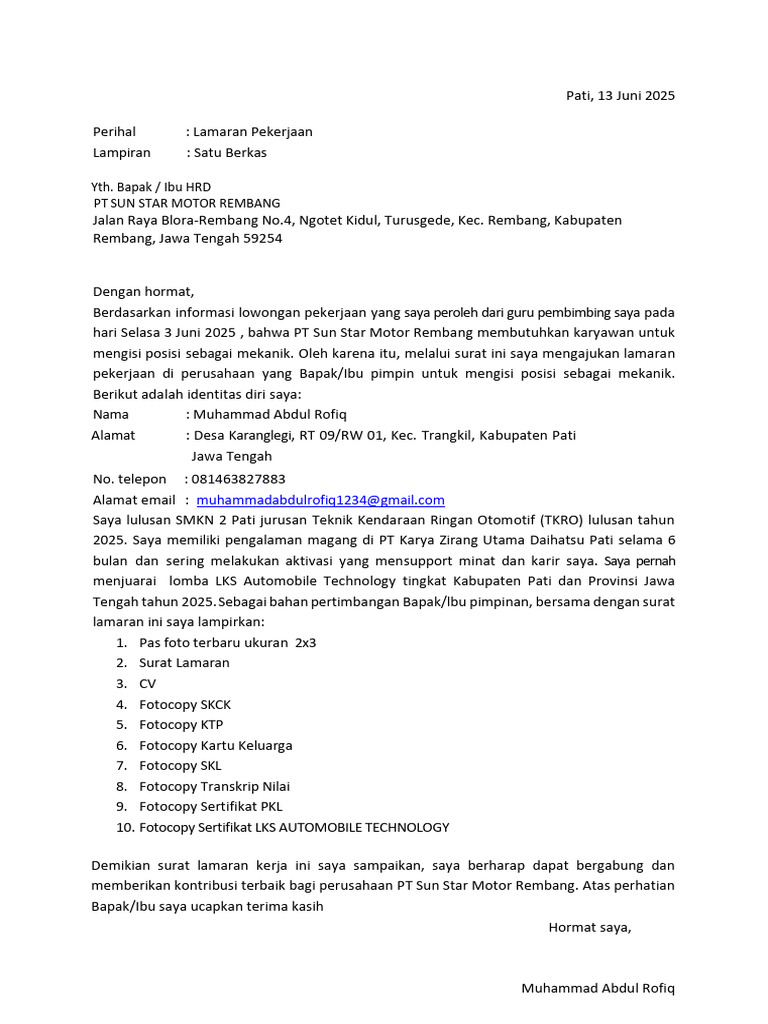 Surat Lamaran Kerjaa Muhammad Abdul Rofiq Fix 2025 | PDF