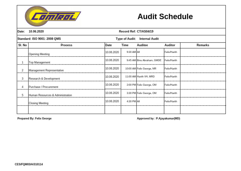ISO 9001 Internal Audit Schedule | PDF