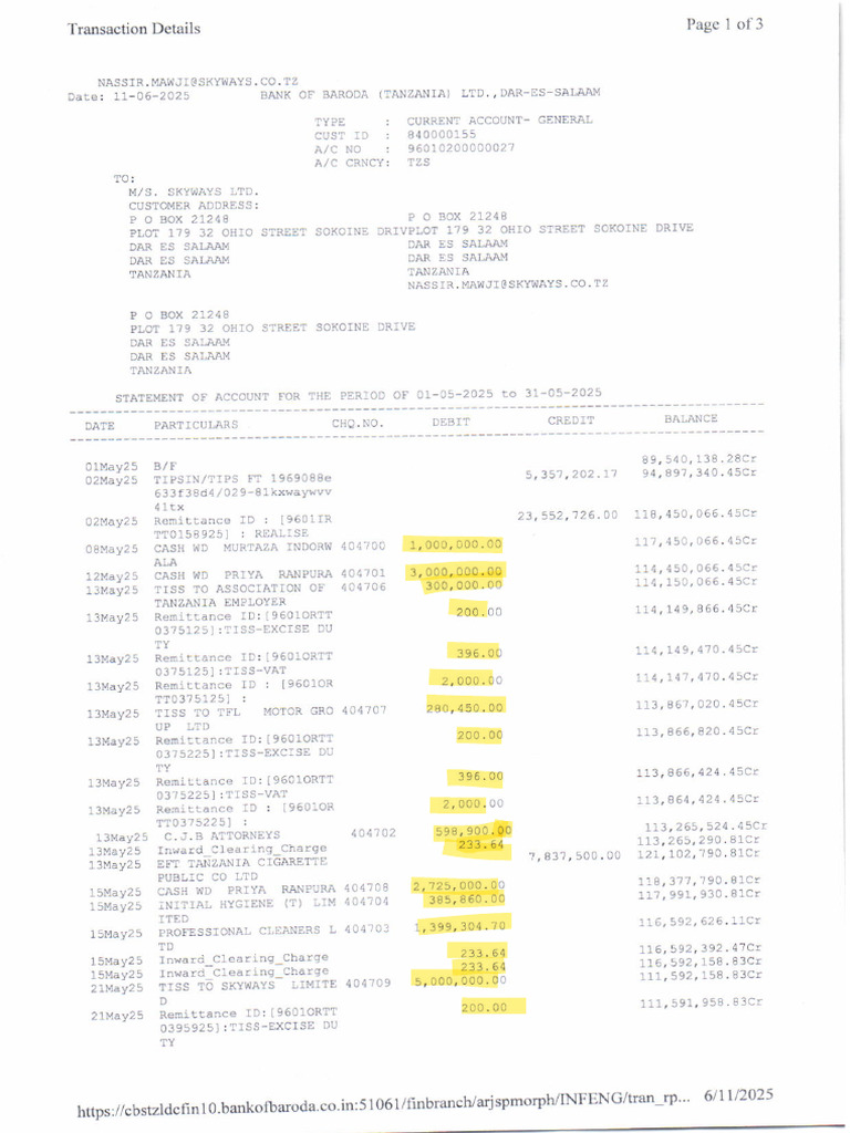 Skyways - BOB TZS Statement - May, 2025 | PDF