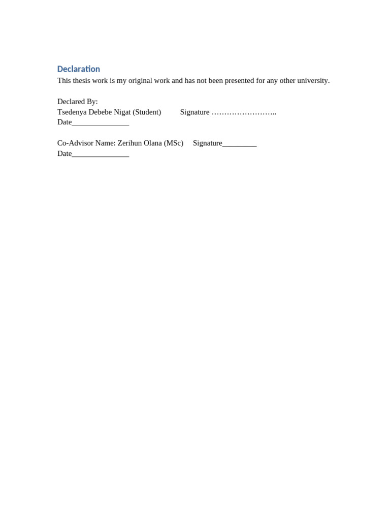 Thesis Declaration by Tsedenya Nigat | PDF