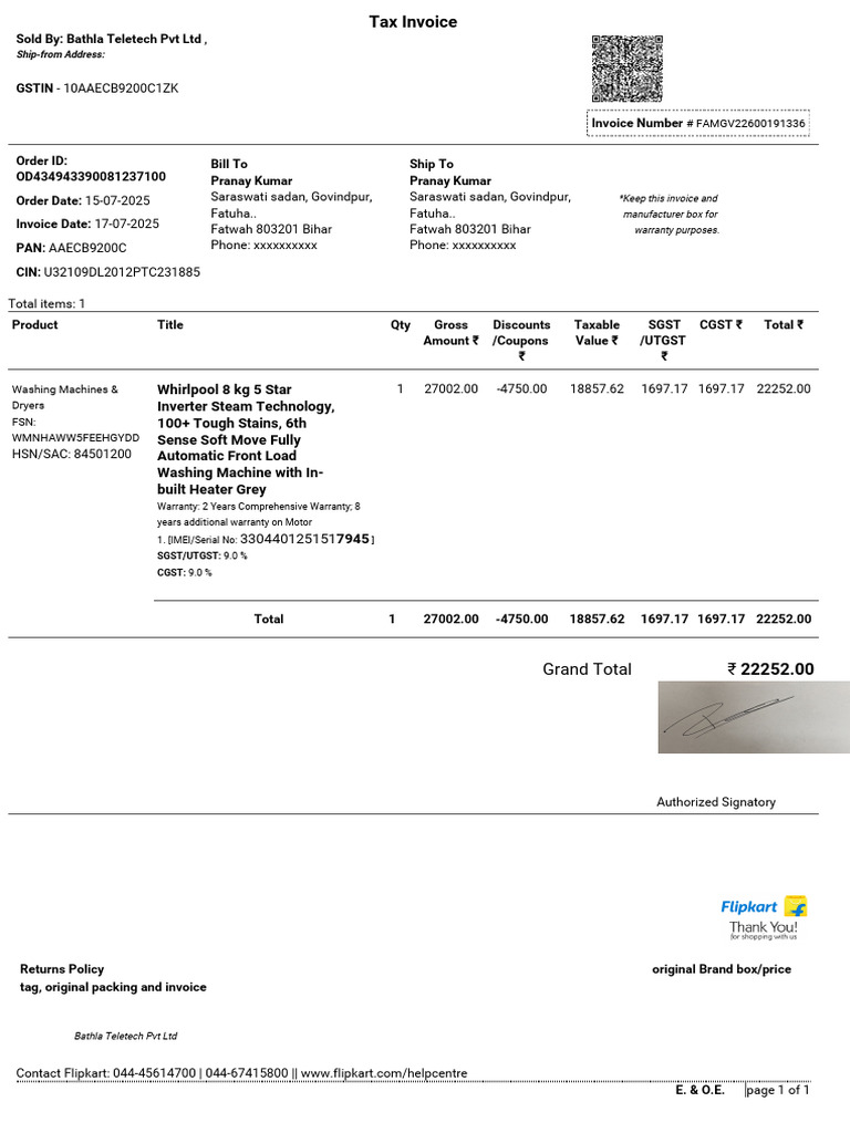 Whirlpool Washing Machine Invoice | PDF