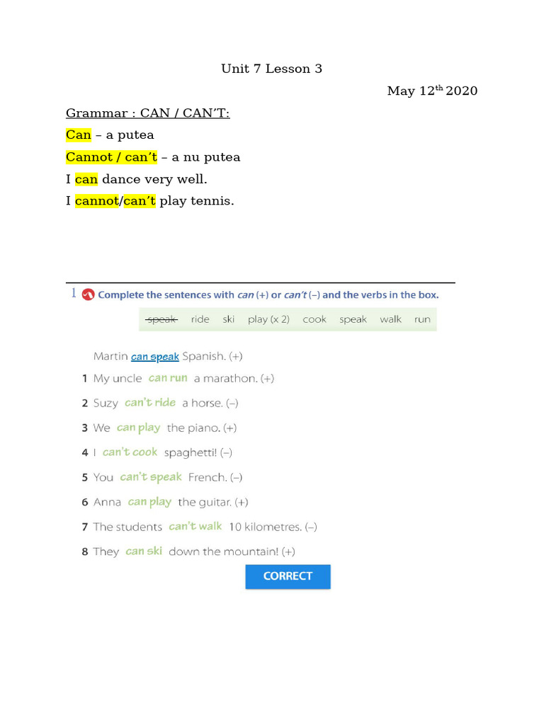 Unit 7 Lesson 3 Can Can't | PDF