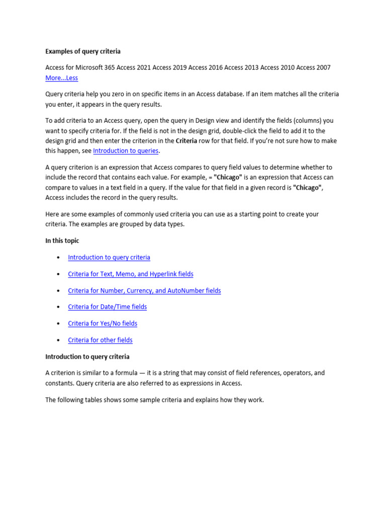 Examples of Query Criteria | PDF | Table (Database) | Data Type