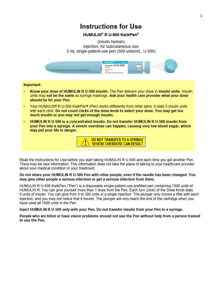 Humulin R U-500 KwikPen User Guide | PDF | Syringe | Injection (Medicine)