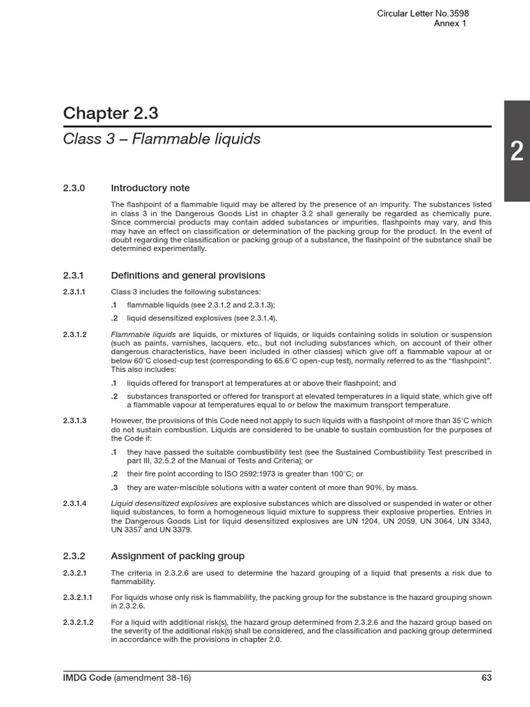 IMDG Code 38-16 - CH 2.3 Class 3 Flammable Liquid | PDF | Physical ...