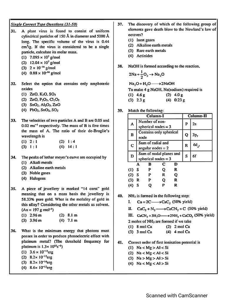 Difficult Questions On Atomic Structure, Mole Concept, Periodic Table | PDF