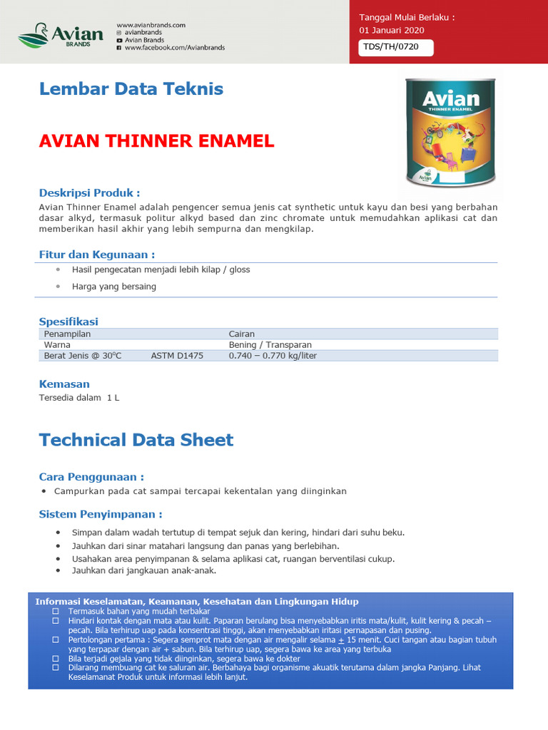 Avian Thinner Enamel: Data dan Penggunaan | PDF