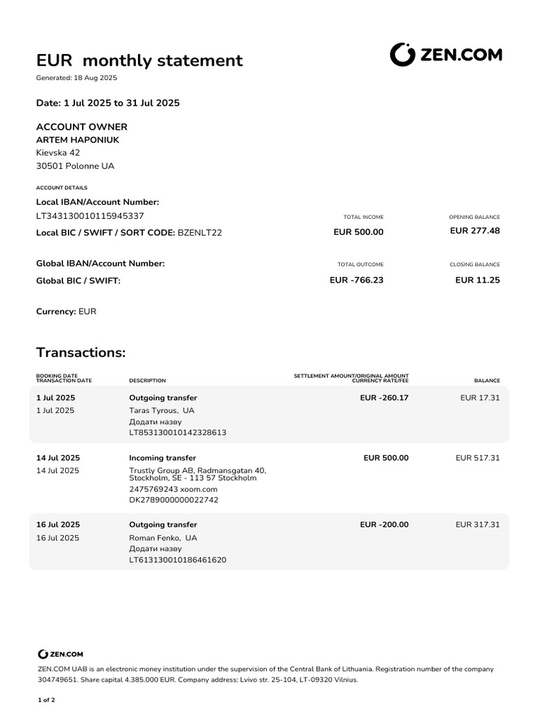 July 2025 Account Statement Summary | PDF | Euro | Financial Services