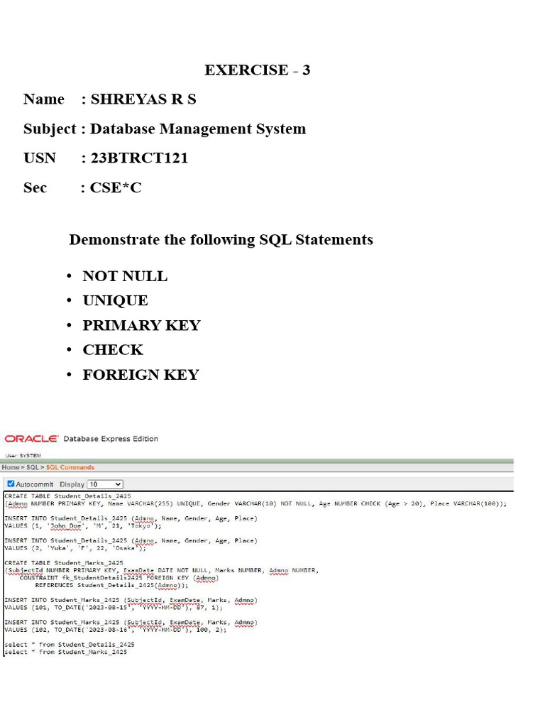 Exercise - 3 Name: Shreyas R S Subject: Database Management System Usn ...