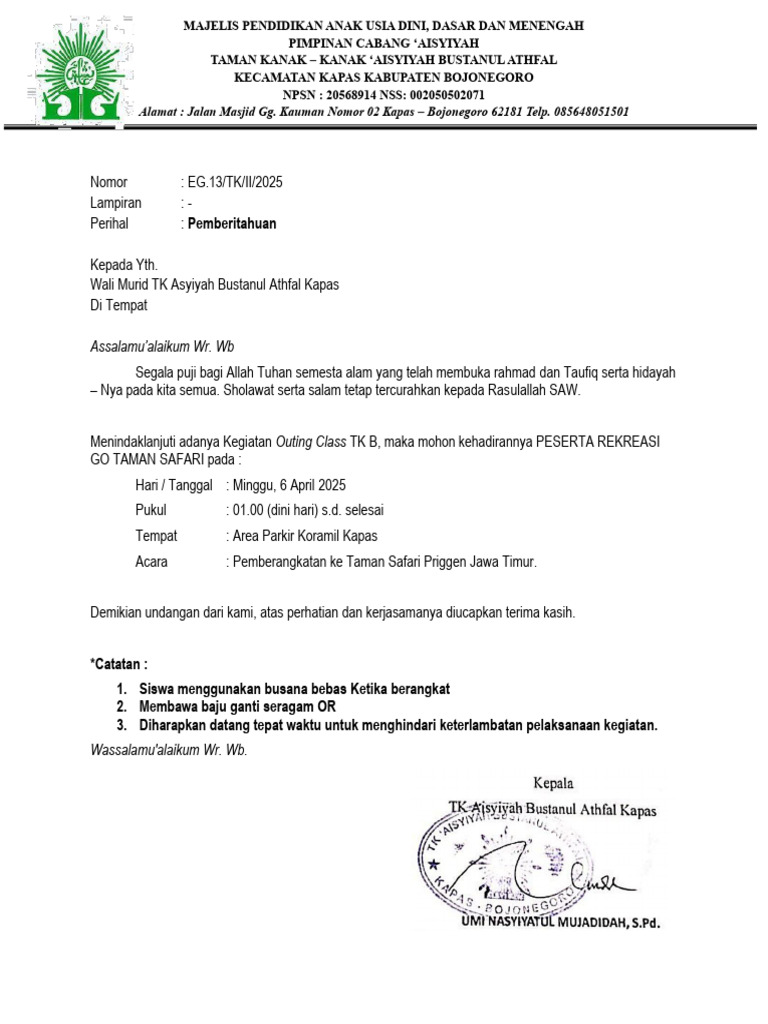 Undangan Outing Class TK Aisyiyah 2025 | PDF