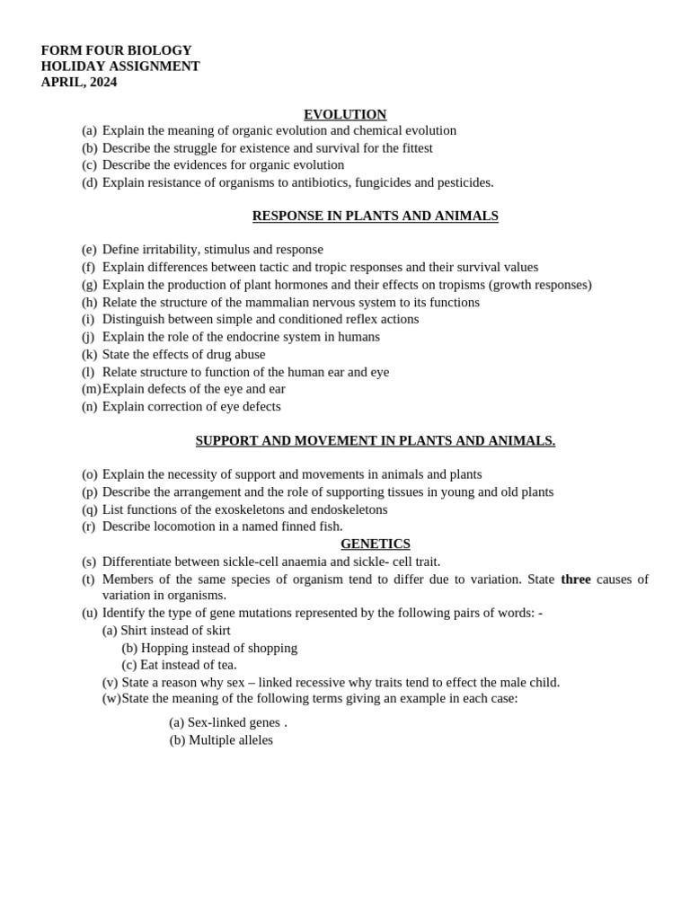 Form Four Biology Holiday Assignment | PDF